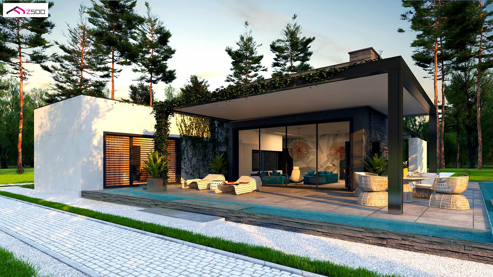 Projekt domu Zx183 Nowoczesny parterowy dom z wiatą garażową w ...